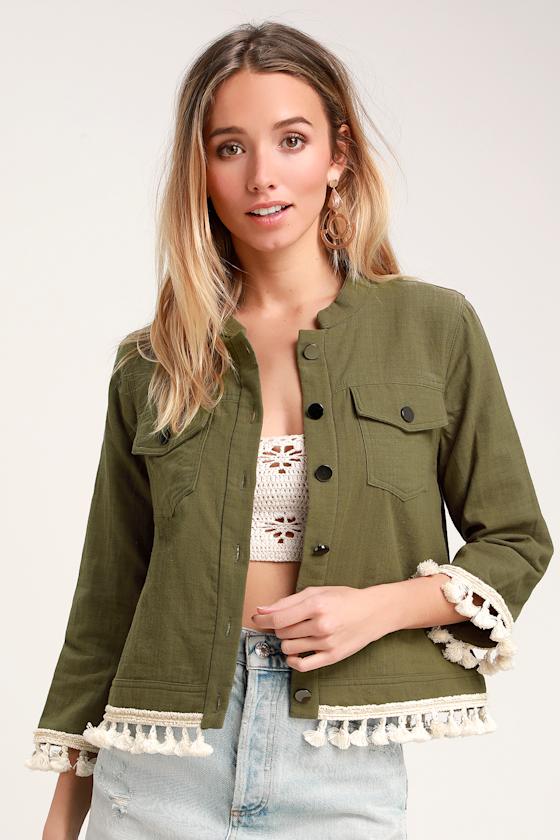 Cute Olive Green Jacket - Lightweight Jacket - Tassel Trim Jacket - Lulus
