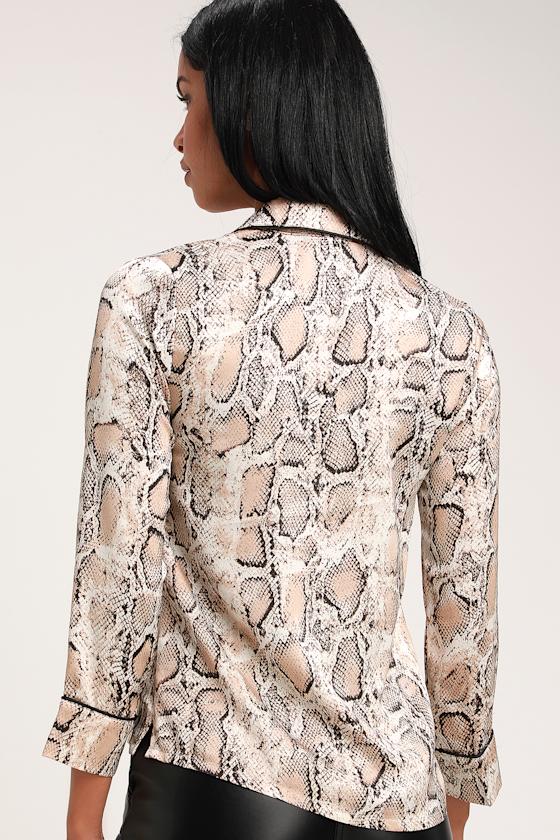 Cute Pajama Style Top - Satin Top - Snake Print Top - Beige Top - Lulus