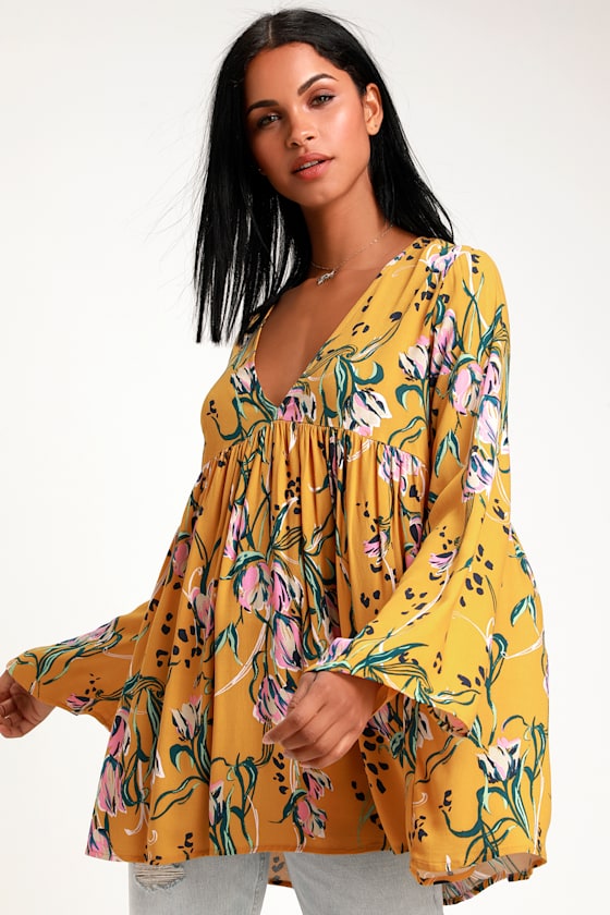 Free People Bella - Golden Yellow Floral Print Tunic - Mini Dress - Lulus
