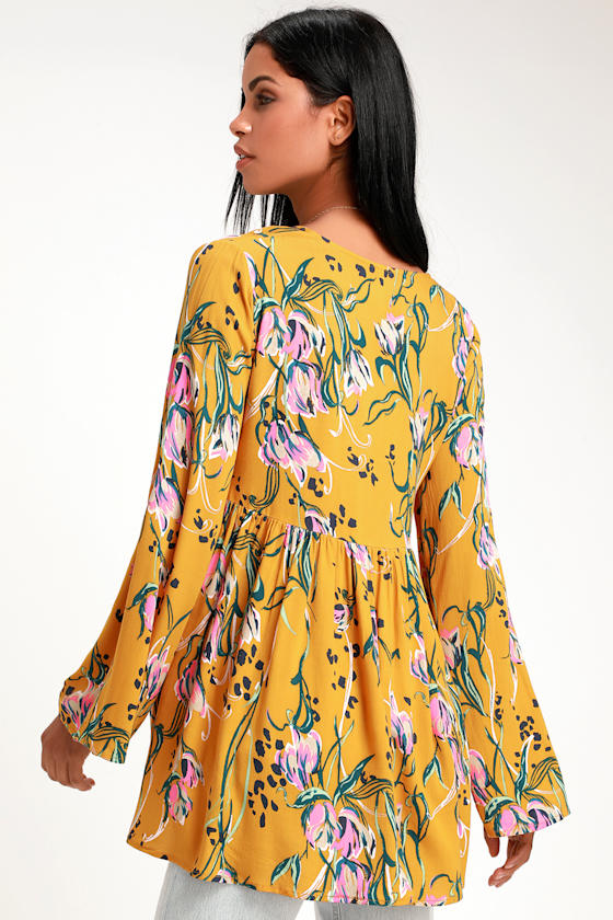 Free People Bella - Golden Yellow Floral Print Tunic - Mini Dress - Lulus