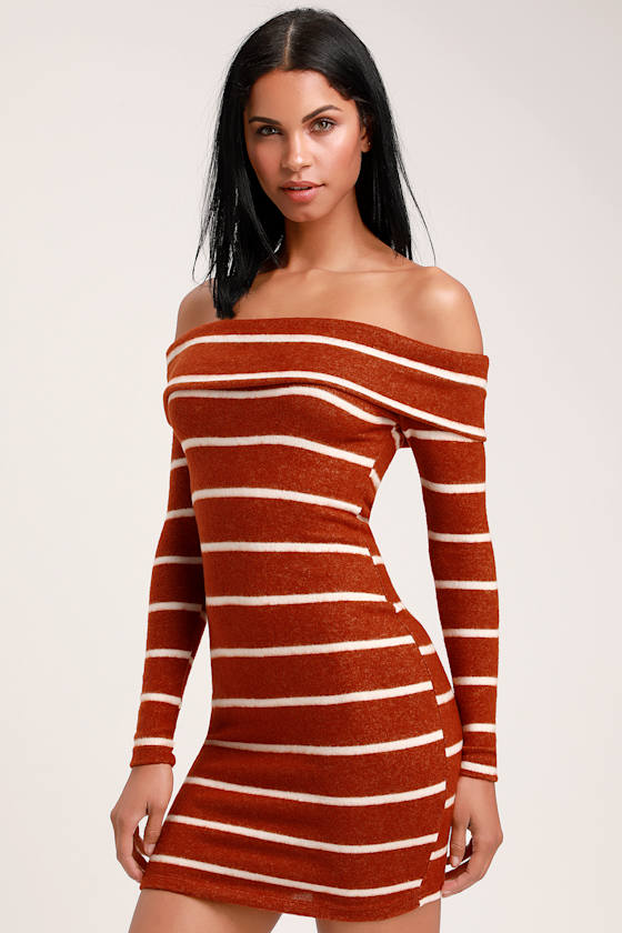 Cute Rust Striped Sweater Dress - Off-the-Shoulder Sweater Dress - Lulus