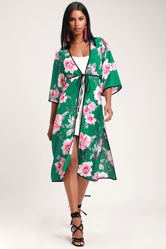 Lovely Green Floral Print Swim Cover-Up - Kimono Top - Print Top - Lulus