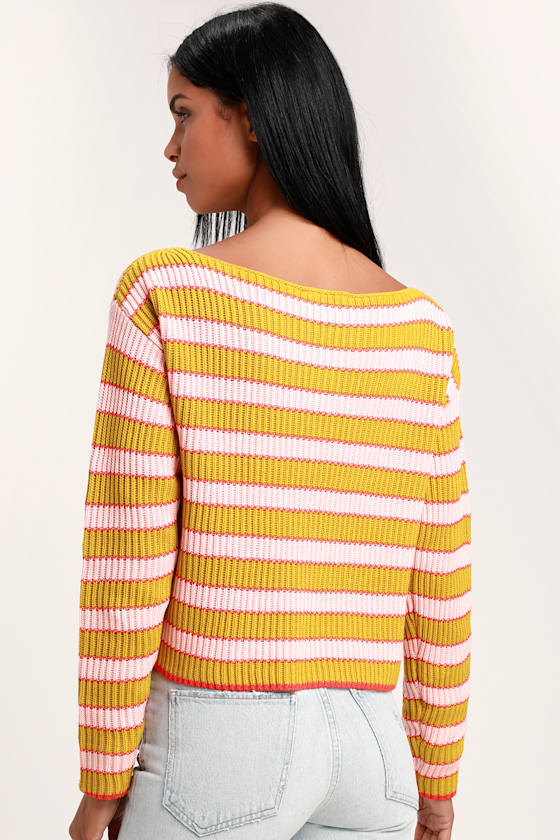Pink and Mustard Yellow Striped Sweater - Cropped Sweater - Top - Lulus