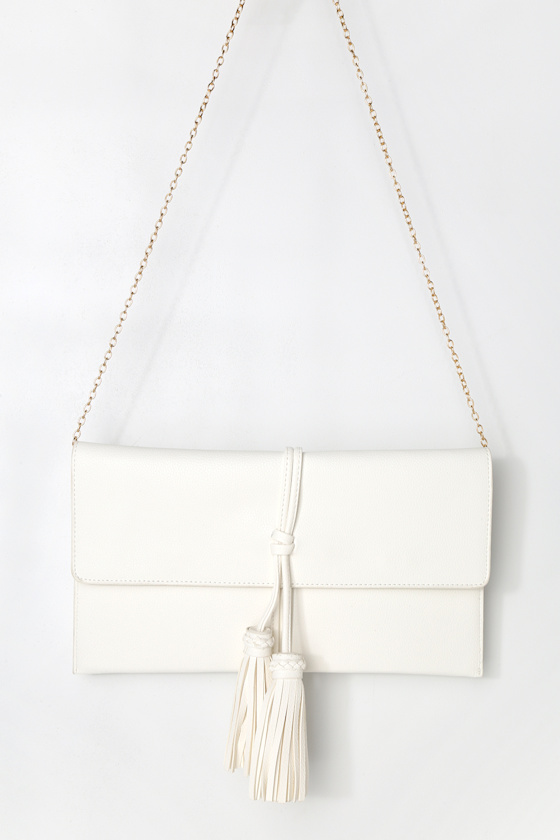 White Tassel Clutch - Rectangle Clutch - Vegan Leather Clutch - Lulus
