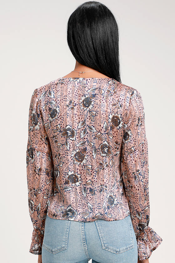 Lovely Mauve Floral Print Top Sheer Top Button Up Top