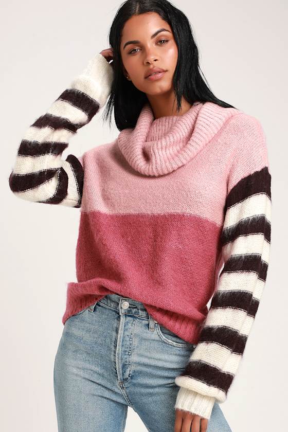 LOST INK - Pink Multi Stripe Sweater - Striped Cowl Neck Sweater - Lulus