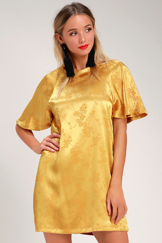 Cute Satin Dress - Golden Yellow Shift Dress - Jacquard Dress - Lulus