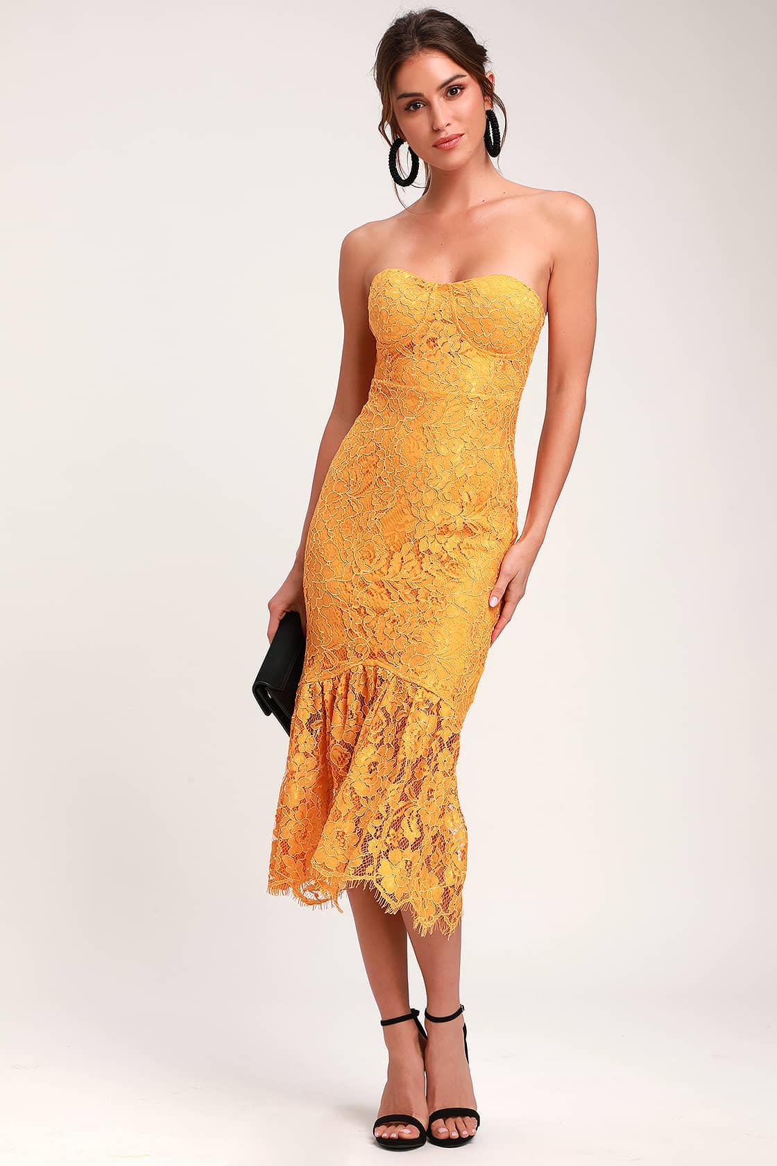 Lovely Golden Yellow Dress - Lace Dress - Strapless Lace Dress - Lulus