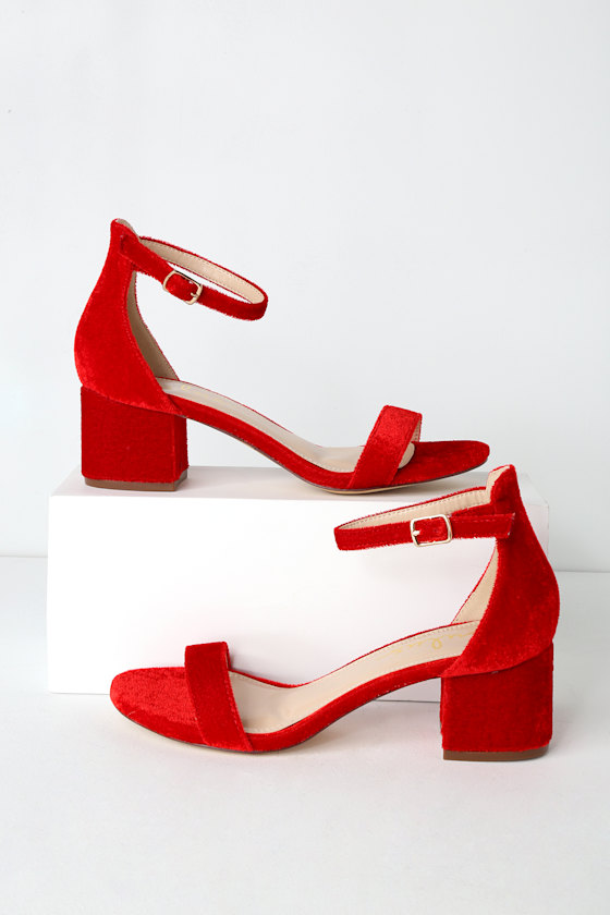 Chic Red Velvet Heels - Velvet Ankle Strap Heels - Block Heels - Lulus