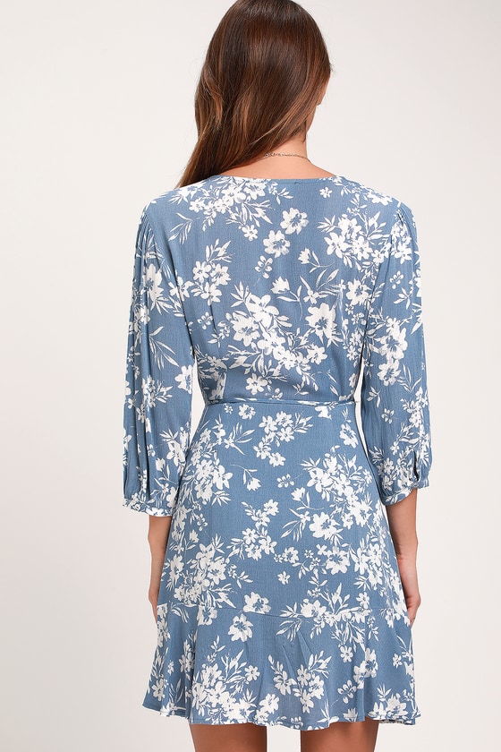 Cute Dusty Blue Dress Floral Print Dress Mini Wrap Dress Lulus