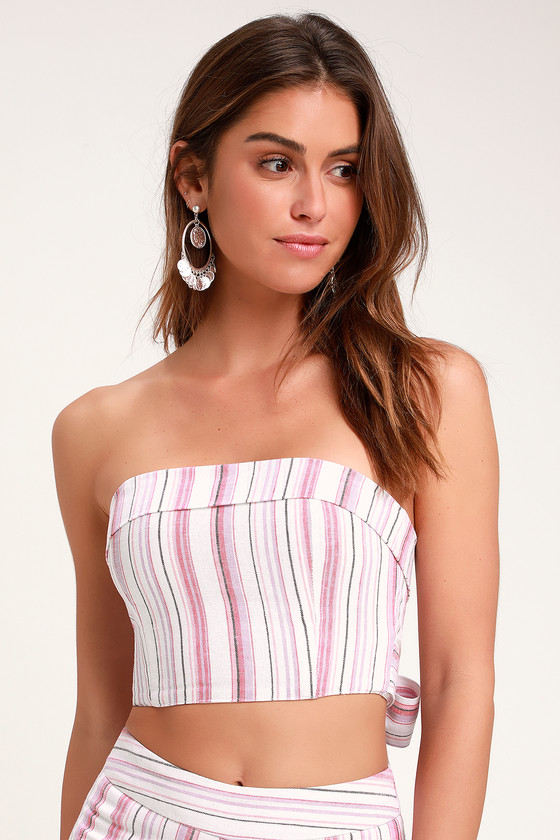 4si3nna Daria Pink Striped Strapless Crop Top Tie Back Top Lulus