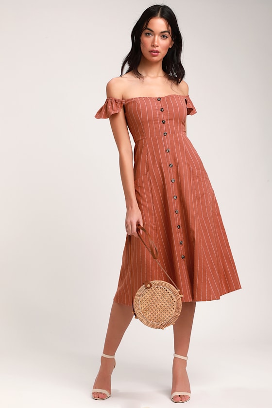 Cute Rusty Rose Striped Dress - Off-the-Shoulder Midi Dress - Lulus