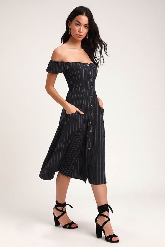 Cute Washed Navy Blue Striped Dress Off The Shoulder Midi Dress Lulus