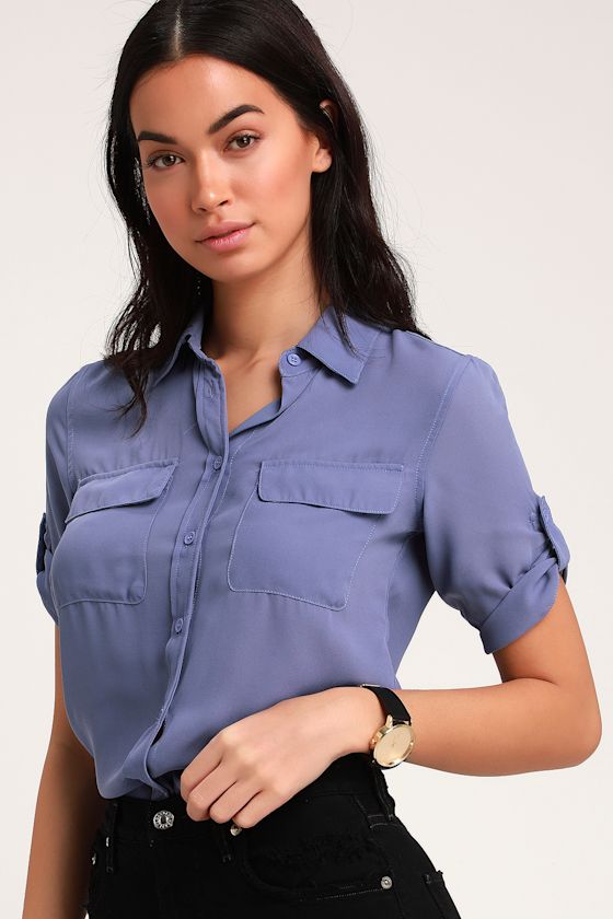 Cute Periwinkle Blue Top - Button-Up Top - Short Sleeve Top - Lulus