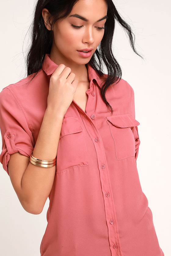 Cute Rusty Rose Top - Button-Up Top - Short Sleeve Top - Lulus