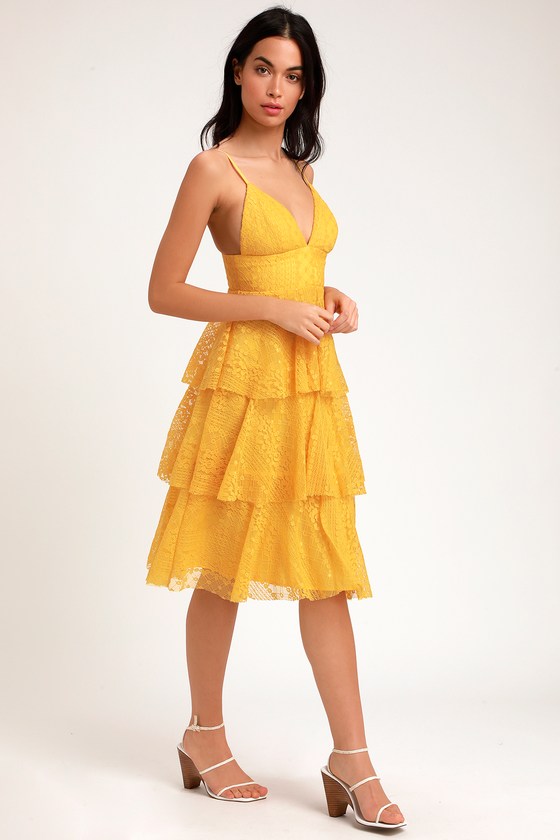 Cute Yellow Dress Lace Dress Midi Dress Ruffled Dress Lulus