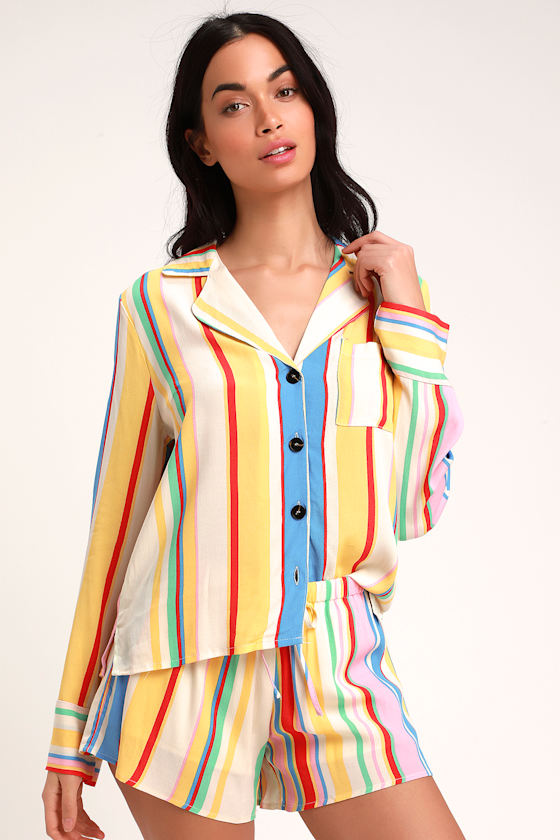 Cream Multi Stripe Top - Striped Long Sleeve Top - Button-Up Top - Lulus
