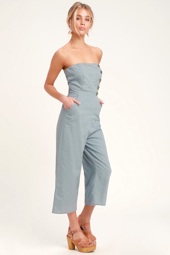 Cute Slate Blue Jumpsuit - Strapless Jumpsuit - Culotte Jumpsuit - Lulus