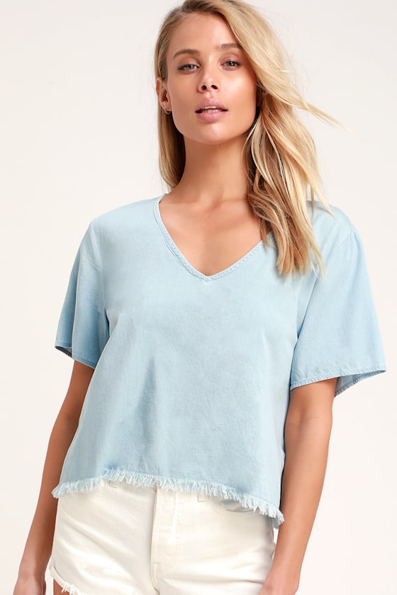 Cute Light Blue Top - Chambray Top - Short Sleeve Top - Lulus