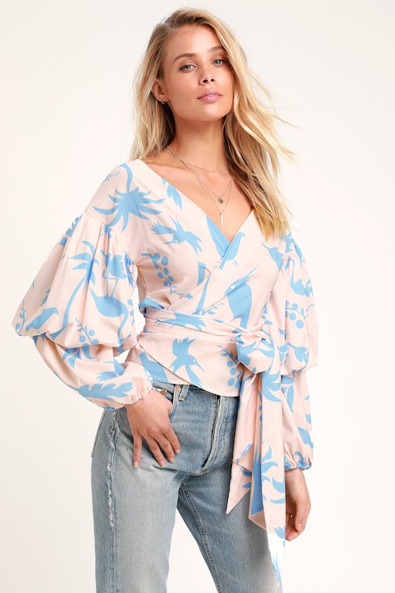 Fun Blush And Blue Print Top Statement Sleeve Top Wrap Top Lulus
