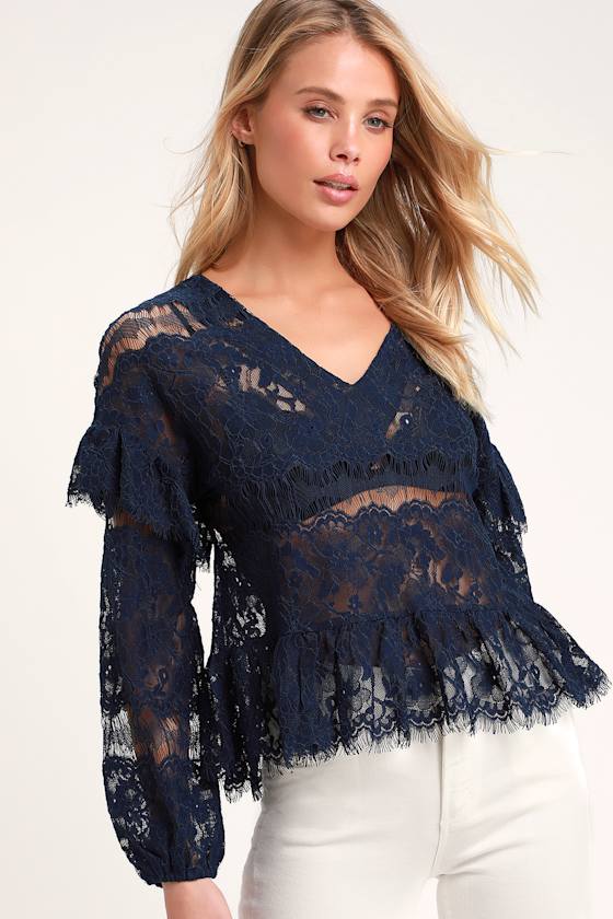Navy Blue Sheer Lace Top - Lace Long Sleeve Top - Peplum Top - Lulus