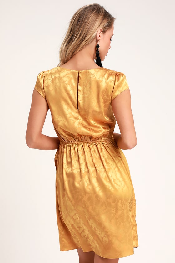 Cute Mustard Yellow Dress Satin Dress Satin Faux Wrap Dress