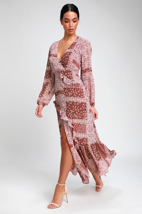 Cute Rust Red Dress - Paisley Maxi Dress - Long Sleeve Dress - Lulus
