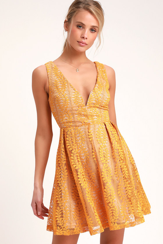 Mustard Yellow Dress Skater Dress Lace Dress Party Dress Lulus