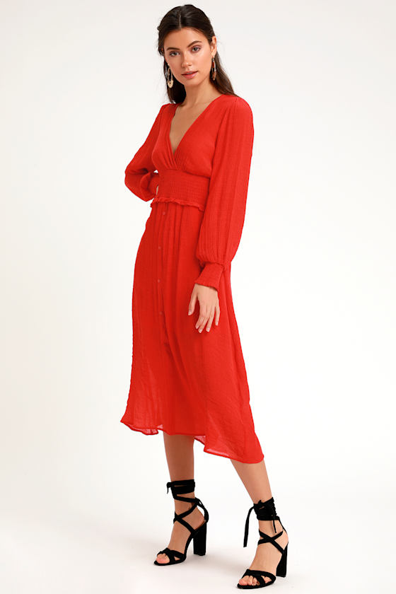 Bright Red Dress - Midi Dress - Casual Dress - Long Sleeve Dress - Lulus