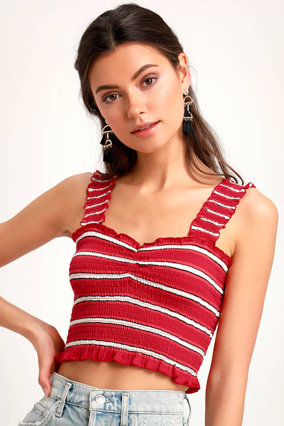 Billabong Sun Dreamer Red Striped Crop Top Smocked Crop Top Lulus