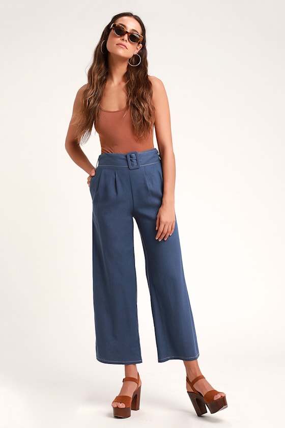 Moon River - Navy Blue Pants - Belted Pants - Wide-Leg Pants - Lulus