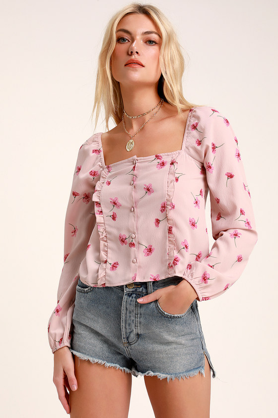 Cute Blush Floral Print Crop Top - Cute Button-Up Crop Top - Lulus