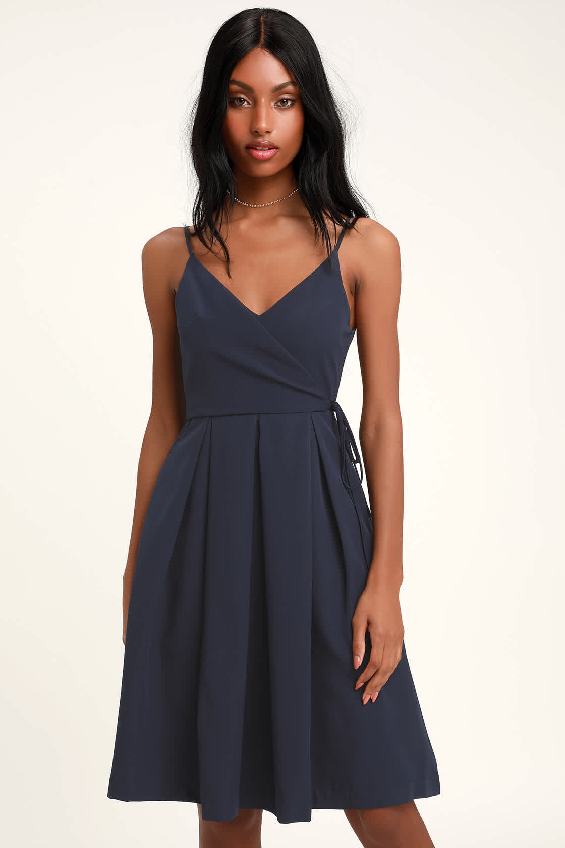 Cute Navy Blue Dress Faux Wrap Dress Midi Dress Midi Skater Lulus