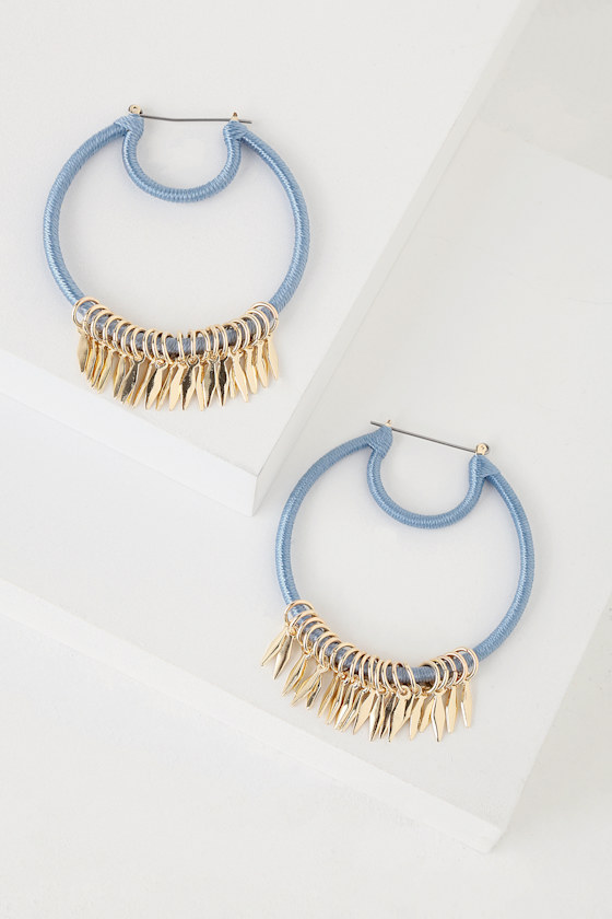 Cute Hoop Earrings - Blue Earrings - Covered Hoop Earrings - Lulus