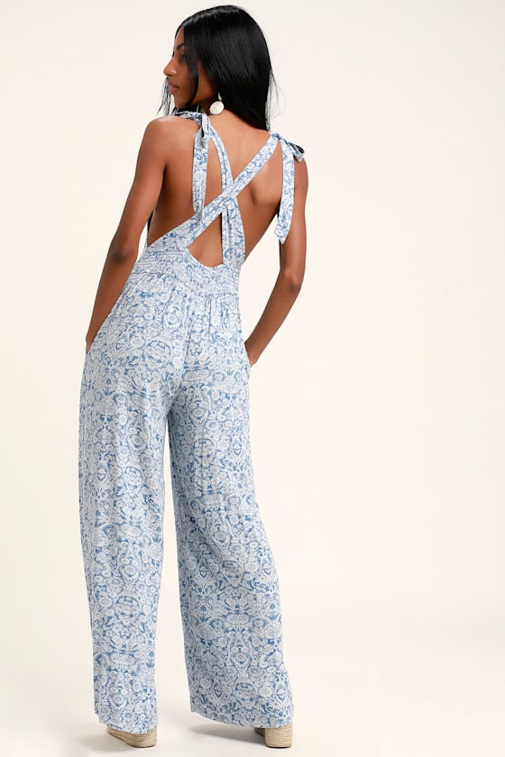 Cute Print Overalls - Blue and White Overalls - Wide Leg Overalls - Lulus