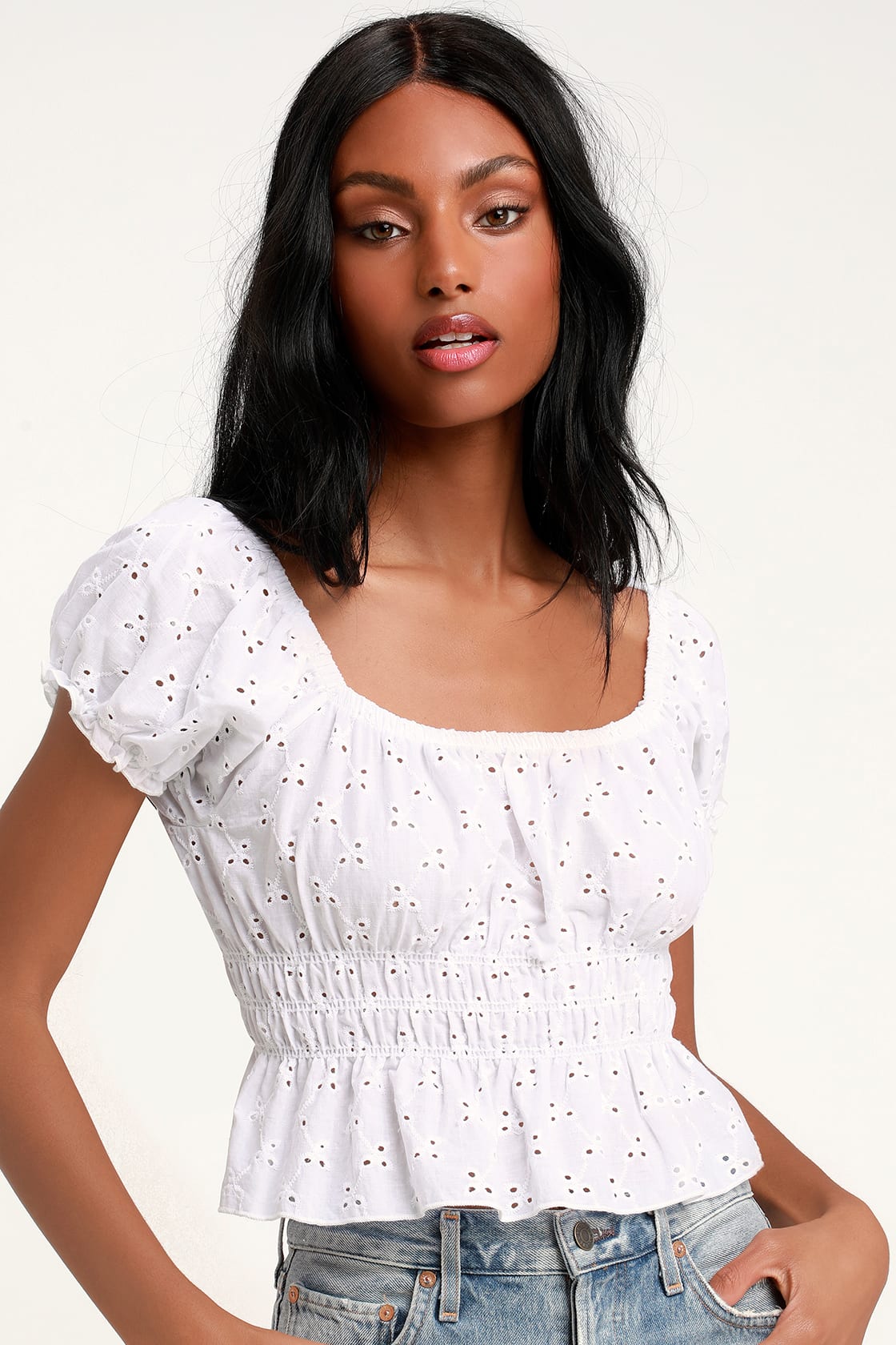 Pretty Puff Sleeve Top Eyelet Lace White Crop Top Crop Top Lulus