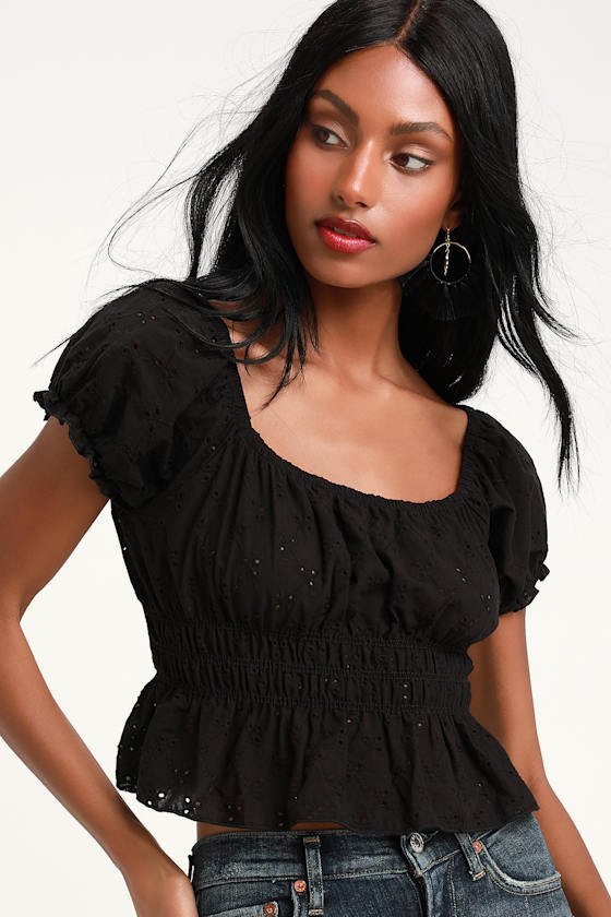 Pretty Puff Sleeve Top - Black Eyelet Lace Top - Crop Top - Lulus