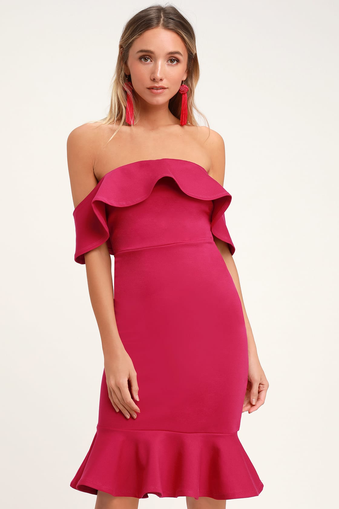 Sexy Bodycon Dress - Magenta Dress - Off-the-Shoulder Dress - Lulus