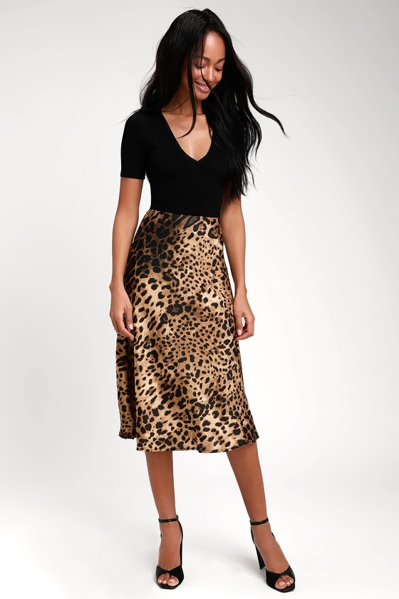Chic Brown Leopard Print Skirt Satin Skirt Midi Skirt Lulus