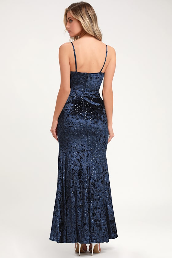 Pretty Navy Blue Gown - Sequin Gown - Sexy Side Slit Maxi Dress - Lulus