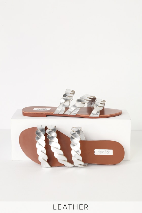 Silver Sandals - Flat Sandals - Braided Slide Sandals - Slides - Lulus