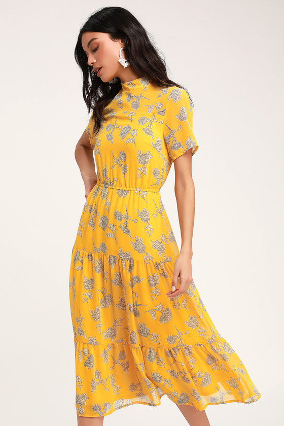 Yellow Floral Print Dress Midi Dress Short Sleeve Dress Lulus