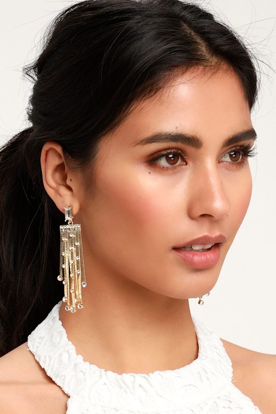 Glam Gold Earrings - Rhinestone Earrings - Gold Chain Earrings - Lulus
