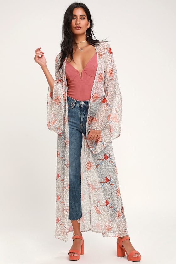Lovely Floral Print Duster - Chiffon Duster - Taupe Duster - Lulus