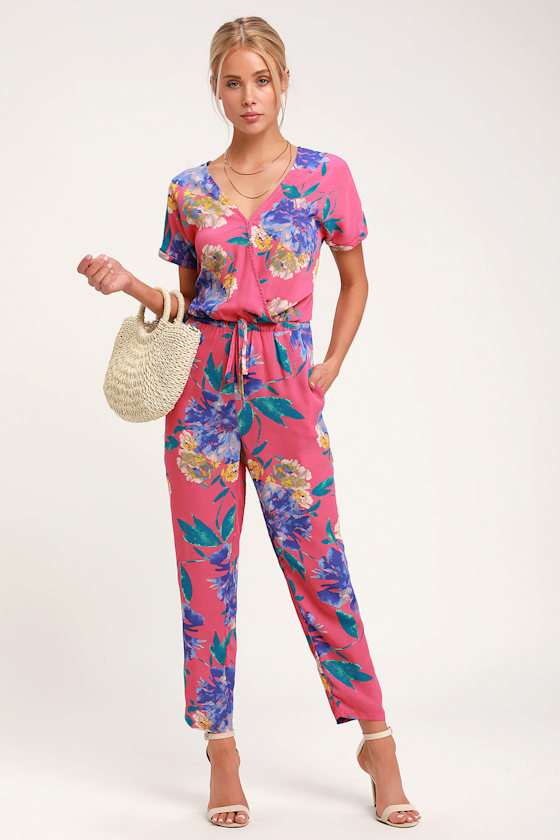 Hot Pink Floral Print Jumpsuit - Surplice Jumpsuit - Lulus