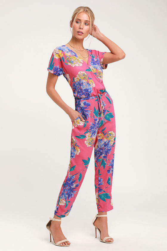 Hot Pink Floral Print Jumpsuit - Surplice Jumpsuit - Lulus