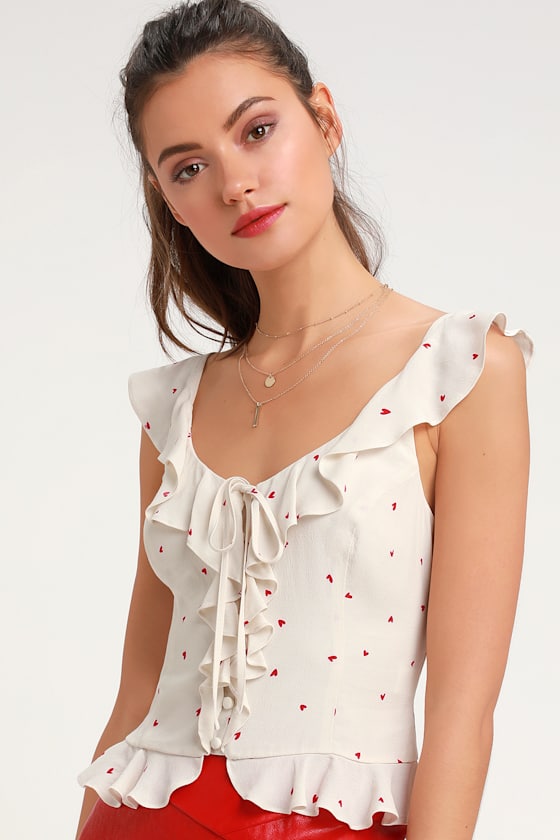 Cute Cream Top - Crop Top - Heart Print Top - Ruffled Top - Lulus