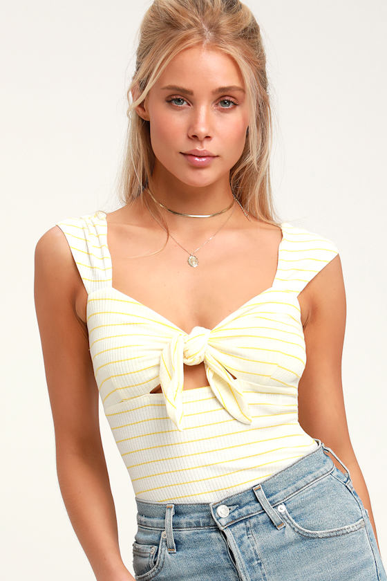Cute Front Tie Bodysuit Yellow And Cream Striped Bodysuit Lulus