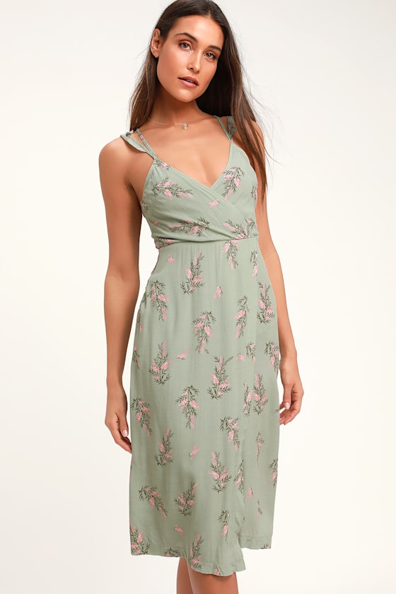 4SI3NNA Coleen - Sage Green Floral Dress - Surplice Midi Dress - Lulus