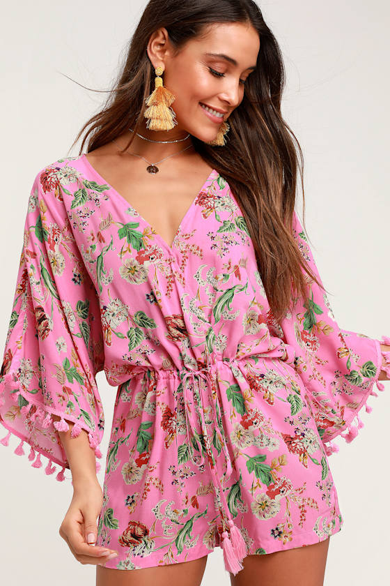 Cute Pink Floral Print Romper - Kimono Sleeve Romper - Surplice - Lulus